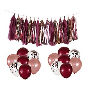 burgundy champagne rose gold confetti balloons decoration pack, 15 pcs big size burgundy color tissue 30 pcs latex burgundy balloons for burgundy party bachelorette wedding girls party decorations