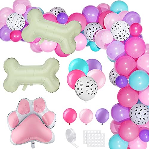 103 Paw Print Balloon Garland for Girls, Bone Shaped Foil Balloon Dog Paw Foil Balloons for Dog Kids Girls Birthday Party (Candy Color)