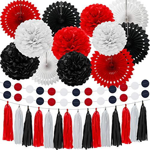 WILLBOND 29 Pcs Black And Red Paper Fans Pom Poms Flowers Tissue Paper Tassel Garland Garlands String Polka Dot Red And Black Party Decorations For Halloween Birthday Parties Baby Showers Wedding