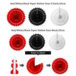 WILLBOND 29 Pcs Black And Red Paper Fans Pom Poms Flowers Tissue Paper Tassel Garland Garlands String Polka Dot Red And Black Party Decorations For Halloween Birthday Parties Baby Showers Wedding