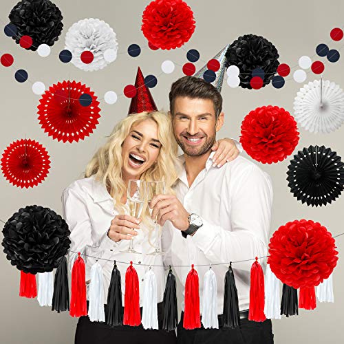 WILLBOND 29 Pcs Black And Red Paper Fans Pom Poms Flowers Tissue Paper Tassel Garland Garlands String Polka Dot Red And Black Party Decorations For Halloween Birthday Parties Baby Showers Wedding