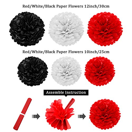 WILLBOND 29 Pcs Black And Red Paper Fans Pom Poms Flowers Tissue Paper Tassel Garland Garlands String Polka Dot Red And Black Party Decorations For Halloween Birthday Parties Baby Showers Wedding