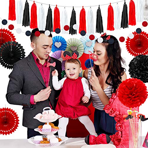 WILLBOND 29 Pcs Black And Red Paper Fans Pom Poms Flowers Tissue Paper Tassel Garland Garlands String Polka Dot Red And Black Party Decorations For Halloween Birthday Parties Baby Showers Wedding