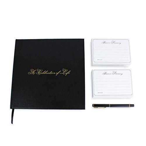 A Celebration of Life 96 Page Funeral Guest Book with Professional Picture Frame, Memorial Cards, and Gold Pen (Black Leather)