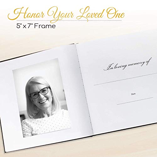 A Celebration of Life 96 Page Funeral Guest Book with Professional Picture Frame, Memorial Cards, and Gold Pen (Black Leather)