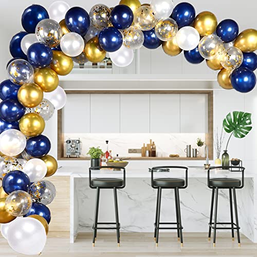 Navy Blue and Gold Confetti Balloons, 60 pcs 12 inch White Pearl and Gold Metallic Chrome Birthday Balloons for Wedding Baby Shower Party Decorations (Blue Set)