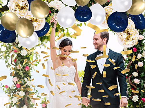 Navy Blue and Gold Confetti Balloons, 60 pcs 12 inch White Pearl and Gold Metallic Chrome Birthday Balloons for Wedding Baby Shower Party Decorations (Blue Set)