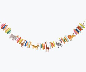 rifle paper co. party animals garland, paper, gold lurex string, 8′ long, features six different animals, printed in full color and metallic gold foil stamped