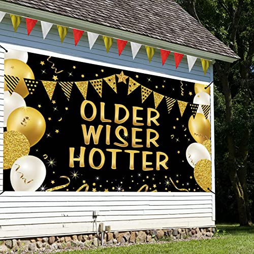 Older Wiser Hotter Banner Funny Birthday Decorations for Women Men, Black and Gold Funny Happy Bday Backdrop Party Supplies for Adult, 21st 30th 40th 50th 60th 70th 80th Background Poster Decor