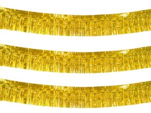 blukey 10 feet long roll foil fringe garland – pack of 3 | shiny metallic tassle banner | ideal for parade floats, bridal shower, wedding, birthday | wall hanging fringe garland banner (gold)