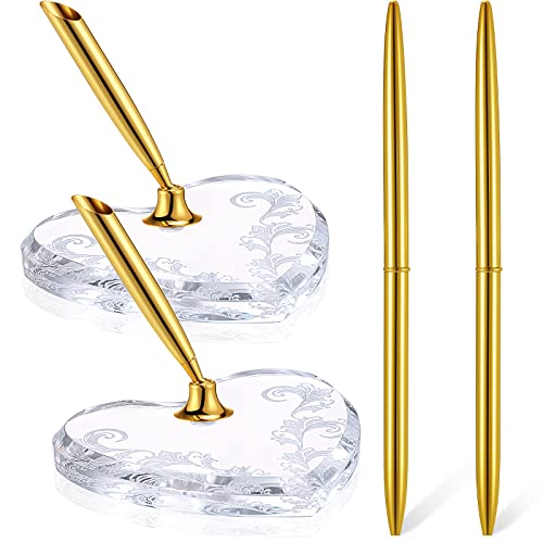 Outus 2 Pieces Acrylic Heart Pen Holder Signing Pen Set Hollow Round Pen Holder Stand for Wedding Bridal Engagement Guests Book Graduation Ceremony Valentine's Day Favor (Gold Heart Style)