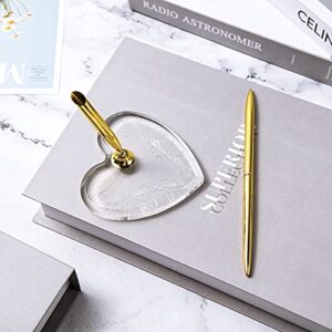 Outus 2 Pieces Acrylic Heart Pen Holder Signing Pen Set Hollow Round Pen Holder Stand for Wedding Bridal Engagement Guests Book Graduation Ceremony Valentine's Day Favor (Gold Heart Style)