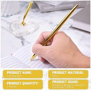 Outus 2 Pieces Acrylic Heart Pen Holder Signing Pen Set Hollow Round Pen Holder Stand for Wedding Bridal Engagement Guests Book Graduation Ceremony Valentine's Day Favor (Gold Heart Style)