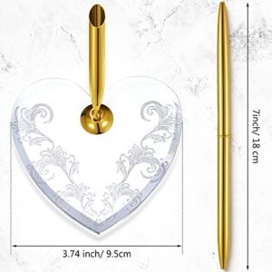 Outus 2 Pieces Acrylic Heart Pen Holder Signing Pen Set Hollow Round Pen Holder Stand for Wedding Bridal Engagement Guests Book Graduation Ceremony Valentine's Day Favor (Gold Heart Style)