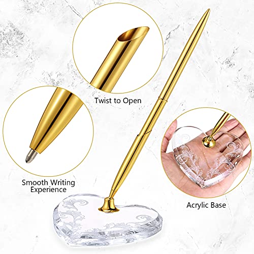 Outus 2 Pieces Acrylic Heart Pen Holder Signing Pen Set Hollow Round Pen Holder Stand for Wedding Bridal Engagement Guests Book Graduation Ceremony Valentine's Day Favor (Gold Heart Style)