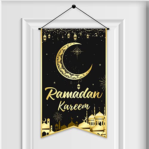 Ramadan Kareem Hanging Door Sign Ramadan Decorative Hanging Sign Muslim Party Decorations Black Gold Moon Lantern Banner for Ramadan Kareem Eid Mubarak Home Decor Muslim Ramadan Party Supplies Favor