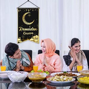 Ramadan Kareem Hanging Door Sign Ramadan Decorative Hanging Sign Muslim Party Decorations Black Gold Moon Lantern Banner for Ramadan Kareem Eid Mubarak Home Decor Muslim Ramadan Party Supplies Favor