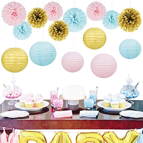 Gender Reveal Decorations Blue Pink - 15pcs Tissue Paper Flowers Pom Poms Lanterns Baby Gender Reveal Party Supplies Gender Reveal Theme Decor Gold Birthday Hanging Decor Ideas