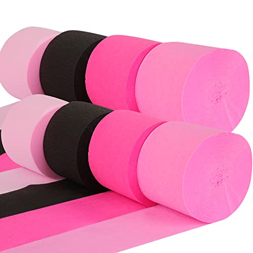 8 Rolls Crepe Paper Streamers Including Light Pink, Pink,Dark Pink,Black Party Streamers for Minie Mouse Themed Baby Shower Birthday Nursery Party Decorations DIY Art Project Supplies