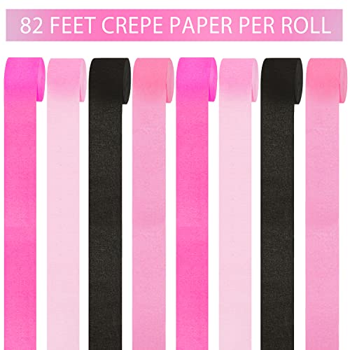 8 Rolls Crepe Paper Streamers Including Light Pink, Pink,Dark Pink,Black Party Streamers for Minie Mouse Themed Baby Shower Birthday Nursery Party Decorations DIY Art Project Supplies