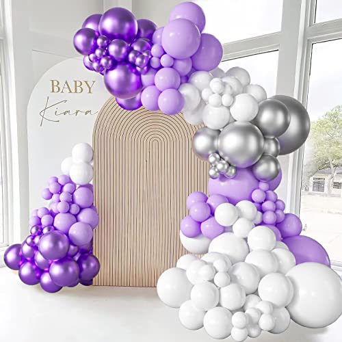 105pcs Purple Silver White Balloon Garland, Different Size Metallic Purple and Sliver Balloons Arch Kit Light Pastel Purple Birthday Balloon for Wedding Engagement Birthday Party Decorations