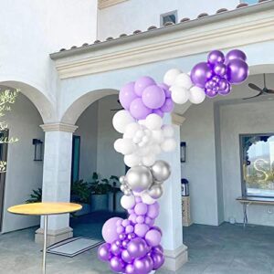 105pcs Purple Silver White Balloon Garland, Different Size Metallic Purple and Sliver Balloons Arch Kit Light Pastel Purple Birthday Balloon for Wedding Engagement Birthday Party Decorations