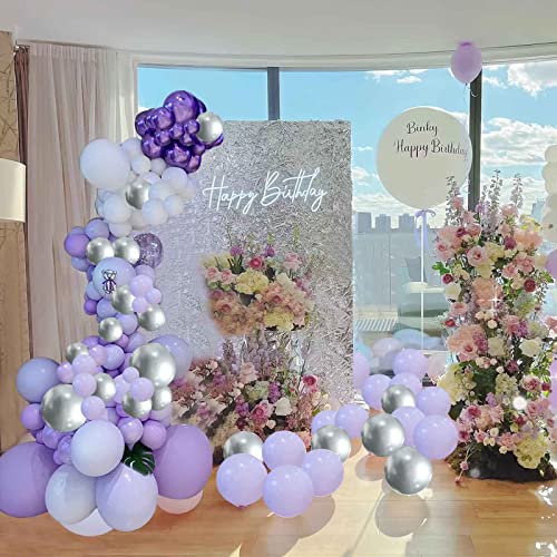 105pcs Purple Silver White Balloon Garland, Different Size Metallic Purple and Sliver Balloons Arch Kit Light Pastel Purple Birthday Balloon for Wedding Engagement Birthday Party Decorations