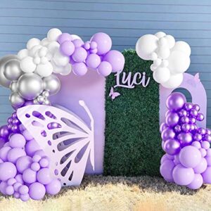 105pcs Purple Silver White Balloon Garland, Different Size Metallic Purple and Sliver Balloons Arch Kit Light Pastel Purple Birthday Balloon for Wedding Engagement Birthday Party Decorations