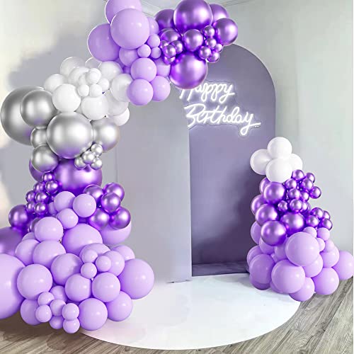 105pcs Purple Silver White Balloon Garland, Different Size Metallic Purple and Sliver Balloons Arch Kit Light Pastel Purple Birthday Balloon for Wedding Engagement Birthday Party Decorations