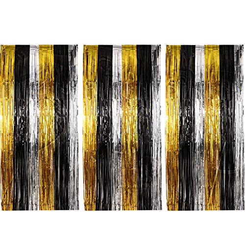 Sumind 3 Pack Metallic Tinsel Curtains, Foil Fringe Shimmer Curtain Door Window Decoration for Birthday Wedding Party (Gold, Silver with Black)