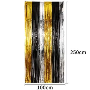 Sumind 3 Pack Metallic Tinsel Curtains, Foil Fringe Shimmer Curtain Door Window Decoration for Birthday Wedding Party (Gold, Silver with Black)