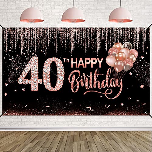 Happy 40th Birthday Banner Decorations for Women, Rose Gold 40 Year Old Birthday Backdrop Sign Party Supplies, Large Happy Forty Birthday Photo Booth Props Background for Outdoor Indoor