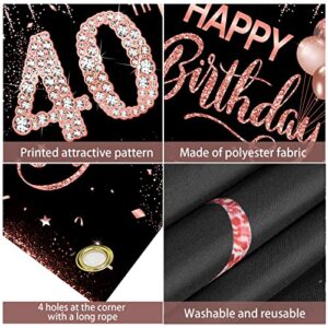 Happy 40th Birthday Banner Decorations for Women, Rose Gold 40 Year Old Birthday Backdrop Sign Party Supplies, Large Happy Forty Birthday Photo Booth Props Background for Outdoor Indoor