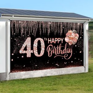 Happy 40th Birthday Banner Decorations for Women, Rose Gold 40 Year Old Birthday Backdrop Sign Party Supplies, Large Happy Forty Birthday Photo Booth Props Background for Outdoor Indoor