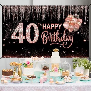 Happy 40th Birthday Banner Decorations for Women, Rose Gold 40 Year Old Birthday Backdrop Sign Party Supplies, Large Happy Forty Birthday Photo Booth Props Background for Outdoor Indoor