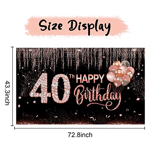 Happy 40th Birthday Banner Decorations for Women, Rose Gold 40 Year Old Birthday Backdrop Sign Party Supplies, Large Happy Forty Birthday Photo Booth Props Background for Outdoor Indoor