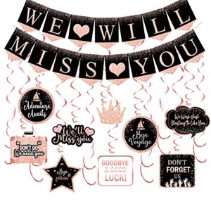 rose gold farewell party decorations supplies kit, will miss you banner, we will miss you decorations, going away party hanging swirls decorations