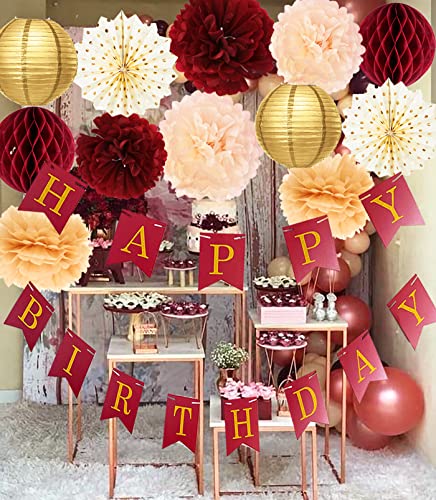 Burgundy Gold Birthday Party Decorations for Women Burgundy Gold HAPPY BIRTHDAY Banner Polka Dot Fans for Fall Burgundy Birthday Party Supplies/30th/40th/50th Birthday Decorations Autumn