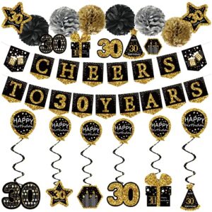 30th birthday decorations for him – (21pack) cheers to 30 years black gold glitter banner for him her, 6 paper poms, 6 hanging swirl, 7 decorations stickers. 30 years old party supplies gifts for men