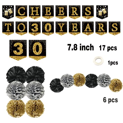 30th birthday decorations for him - (21pack) cheers to 30 years black gold glitter banner for him her, 6 paper Poms, 6 Hanging Swirl, 7 decorations stickers. 30 Years Old Party Supplies gifts for men