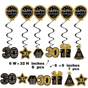 30th birthday decorations for him - (21pack) cheers to 30 years black gold glitter banner for him her, 6 paper Poms, 6 Hanging Swirl, 7 decorations stickers. 30 Years Old Party Supplies gifts for men