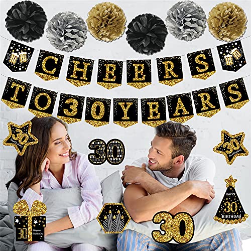 30th birthday decorations for him - (21pack) cheers to 30 years black gold glitter banner for him her, 6 paper Poms, 6 Hanging Swirl, 7 decorations stickers. 30 Years Old Party Supplies gifts for men