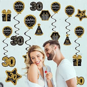 30th birthday decorations for him - (21pack) cheers to 30 years black gold glitter banner for him her, 6 paper Poms, 6 Hanging Swirl, 7 decorations stickers. 30 Years Old Party Supplies gifts for men