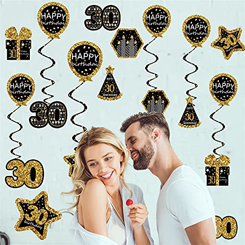 30th birthday decorations for him - (21pack) cheers to 30 years black gold glitter banner for him her, 6 paper Poms, 6 Hanging Swirl, 7 decorations stickers. 30 Years Old Party Supplies gifts for men