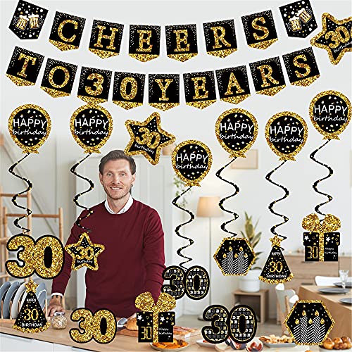 30th birthday decorations for him - (21pack) cheers to 30 years black gold glitter banner for him her, 6 paper Poms, 6 Hanging Swirl, 7 decorations stickers. 30 Years Old Party Supplies gifts for men