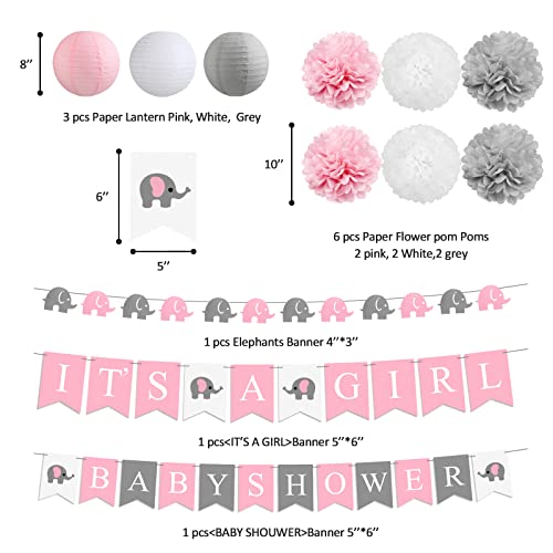 WOMRICH Girl Baby Shower Decorations Elephant Theme Set, Baby Shower Guestbook Elephant Sign Frame, It is a Girl Banners Elephant Garland Paper Lantern Paper Flower Pom Poms (Pink)