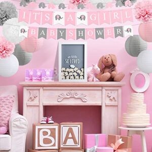 WOMRICH Girl Baby Shower Decorations Elephant Theme Set, Baby Shower Guestbook Elephant Sign Frame, It is a Girl Banners Elephant Garland Paper Lantern Paper Flower Pom Poms (Pink)