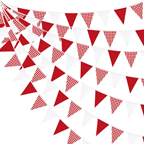 32Ft Red Party Decorations Red Plaid Checkered White Triangle Flag Gingham Pennant Bunting Fabric Garland for Christmas Wedding Birthday Carnival Picnic X-mas Outdoor Home Party Festivals Decoration