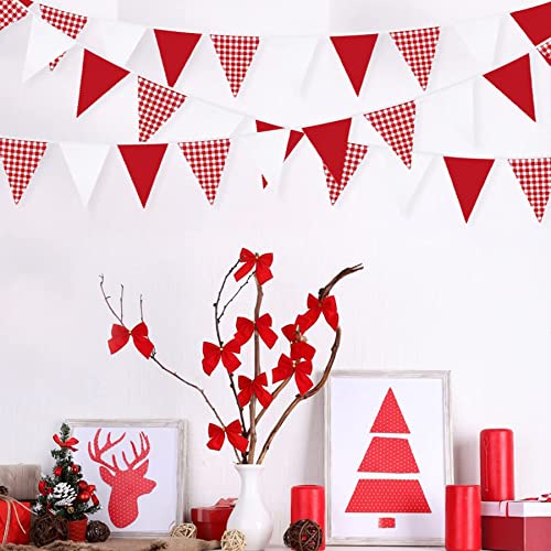 32Ft Red Party Decorations Red Plaid Checkered White Triangle Flag Gingham Pennant Bunting Fabric Garland for Christmas Wedding Birthday Carnival Picnic X-mas Outdoor Home Party Festivals Decoration