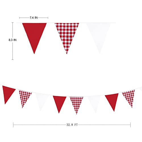 32Ft Red Party Decorations Red Plaid Checkered White Triangle Flag Gingham Pennant Bunting Fabric Garland for Christmas Wedding Birthday Carnival Picnic X-mas Outdoor Home Party Festivals Decoration